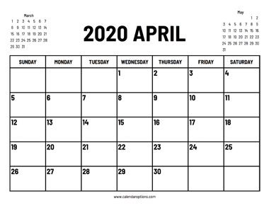 2020 April Calendar – Calendar Options