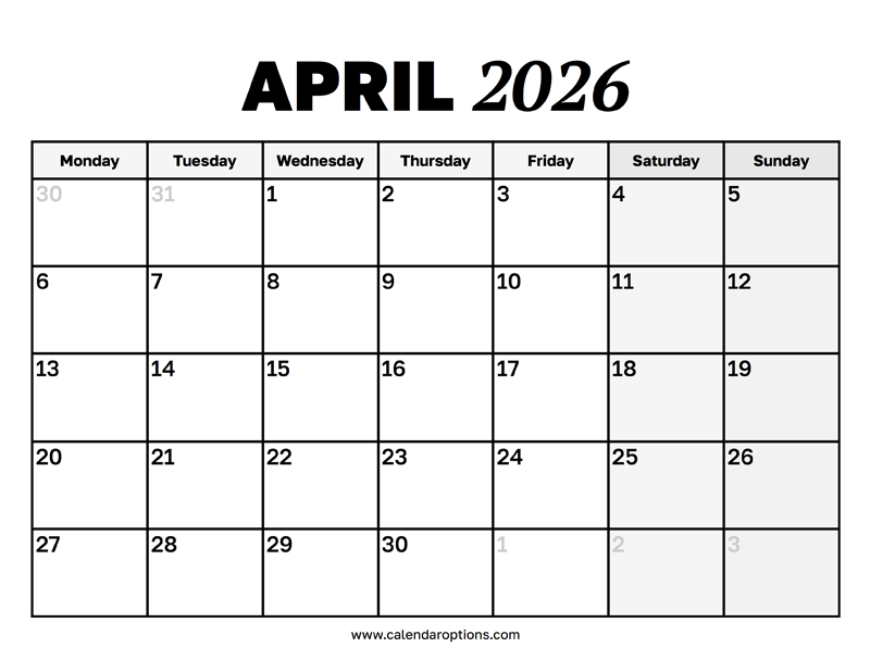 April 2026 Calendar Monday Start – Calendar Options