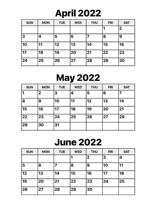 April May And June 2022 Calendar Calendar Options