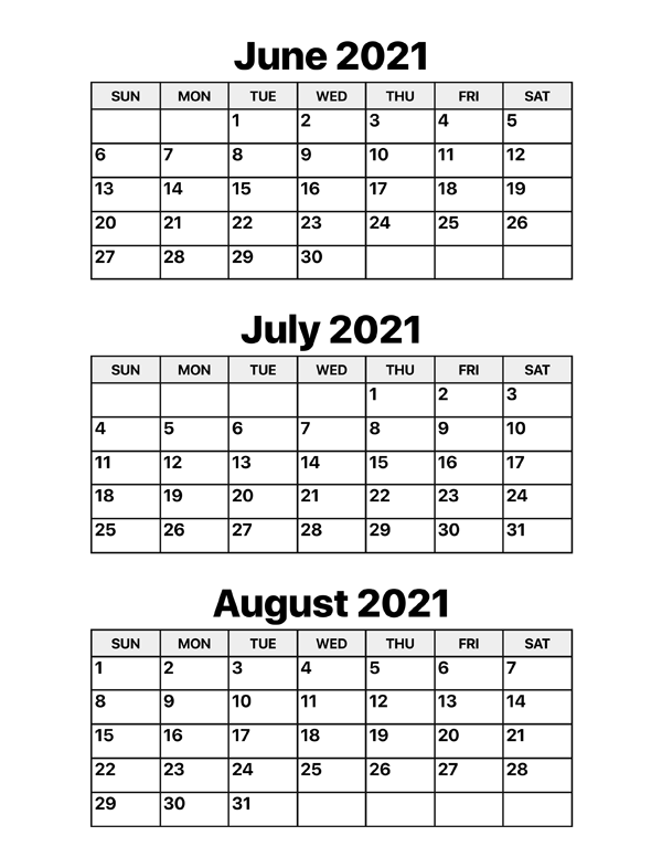 June July August 2021 Calendar Calendar Options