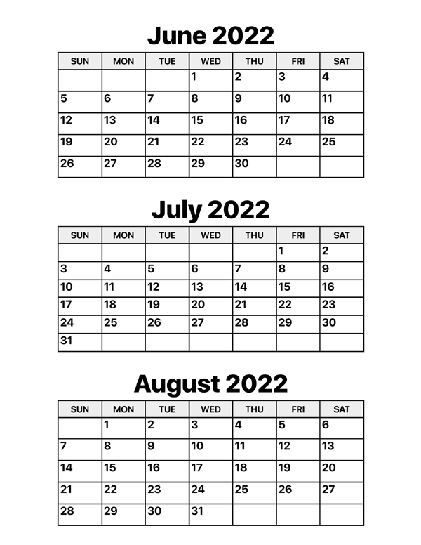 June July August 2022 Calendar Calendar Options