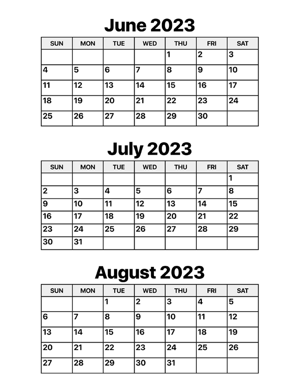June July August 2023 Calendar Calendar Options