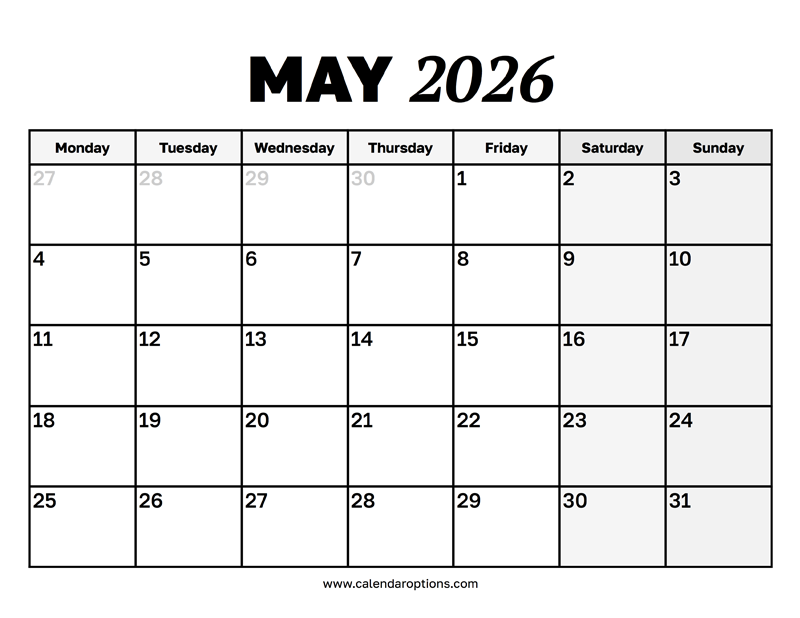 May 2026 Calendar Monday Start – Calendar Options
